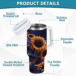 Slewiaeky Tumbler with Handle 40 oz Beautiful Goth Skull Sunflower Travel Mug with Lid and Straw Stainless Steel Vacuum Insulated Water Bottle Cup for Iced Tea Coffee Cold Beverages Cup Holder Friend