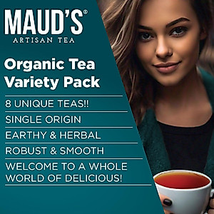 Maud's 8 Blend Organic Tea Pods Variety Pack, 48 ct, 8 Assorted Flavors, Recyclable Single Serve Tea Pods –100% Gourmet Blended Tea Leaves, Compatible with Keurig K Cups Maker