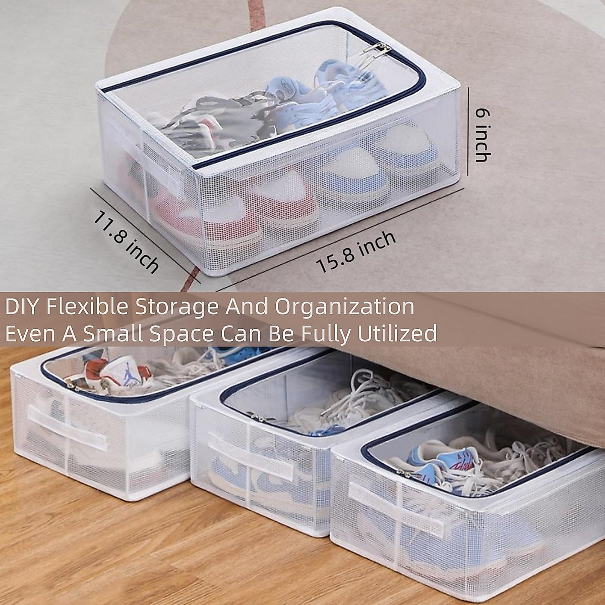 COAINNER Shoe Organizer for Closet, 16-Inch Shoe Storage Containers Boxes with Metal Frame, Clear Cover, Foldable, Stackable (1 Pack)