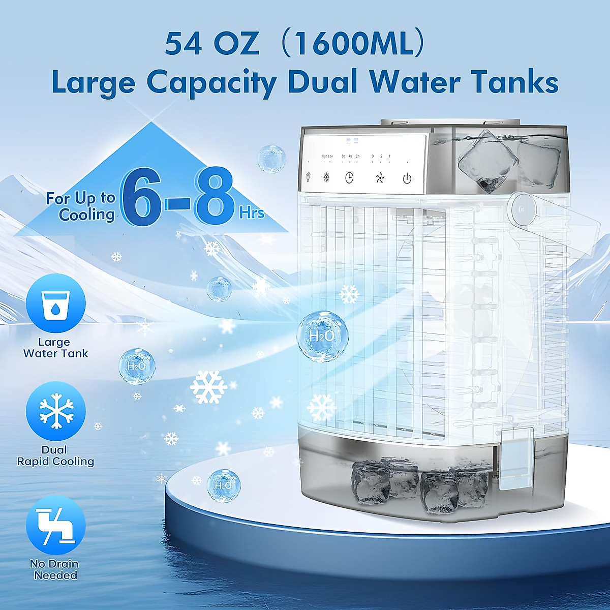 RCCVEI Portable Air Conditioners,3-Speed Small AC Unit, Evaporative Air Cooler with Timer function,7-Color Nightlight,Double Tank, 2 Mist modes,Personal Air Conditioner for Bedroom,Office,Room-Gray