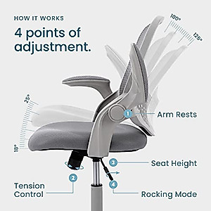 Office Chair, Desk Chairs Mesh Computer Desk Chair with Wheels Ergonomic Office Chair Height Adjustable Swivel Task Chair with Mid Back, 90° Flip-up Arms and Lumbar Support, Grey
