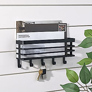 mDesign Metal Wall Mount Mail and Key Holder with 5 Hooks, Hanger Rack Shelf for Home Entryway, Mudroom, Kitchen, Hold Letters, Cards, Magazines, Coats, Umbrellas, Carson Collection, Matte Black