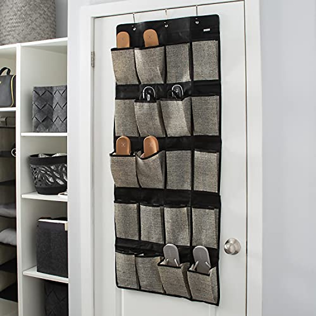 Simplify 20 Pocket Over The Door Hanging Shoe Organizer, Closet Storage, Space Saver, Breathable Material Keeps Dust & Odors Away, Black