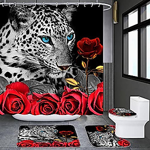 YOKYHOM 4 Piece Bathroom Sets with Shower Curtain and Rugs, Leopard Rose Bathroom Shower Curtain Sets with Rugs, Incl 71'' x 71'' Shower Curtain with 12 Hooks, Non Slip Bath Mats, Toilet Lid Oval Rug