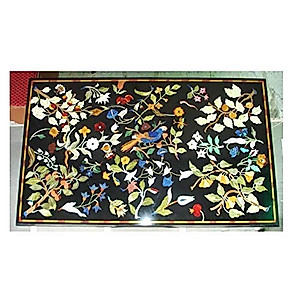 Pietra Dura Black Marble Rectangular 48" x 30" Inch Dining Table Top, Bird Inlay Fruit Inlay and Flowers Inlay Design Outdoor Decor, Indoor Decor Table Top, Piece Of Conversation, Family HeirLoom