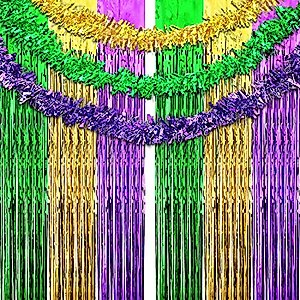 9 Pieces Mardi Gras Party Decoration Gold Purple Green Metallic Foil Curtains Mardi Gras Fringe Curtains Shimmer Curtain Tinsel Garland for Carnival Bunting Party Decoration