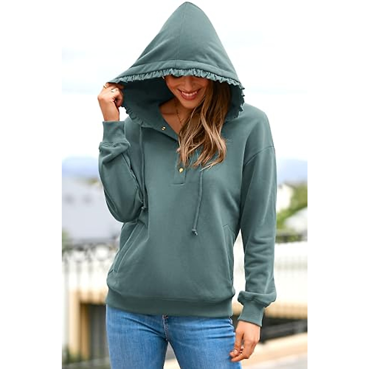 PRETTYGARDEN Ladies Pullover Hoodies Tops Drawstring Long Sleeve Thick Sweashirt Cozy Warm Winter Clothing With Pockets(Solid Grey Green,Medium)