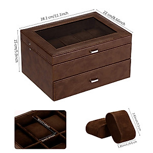 BEWISHOME 20 Slot Watch Box for Men Watch Case, Watch Display Case with Real Glass Lid, 2 Layers Watch Holder Organizer, Metal Hinge, Brown Leather SSH24Z