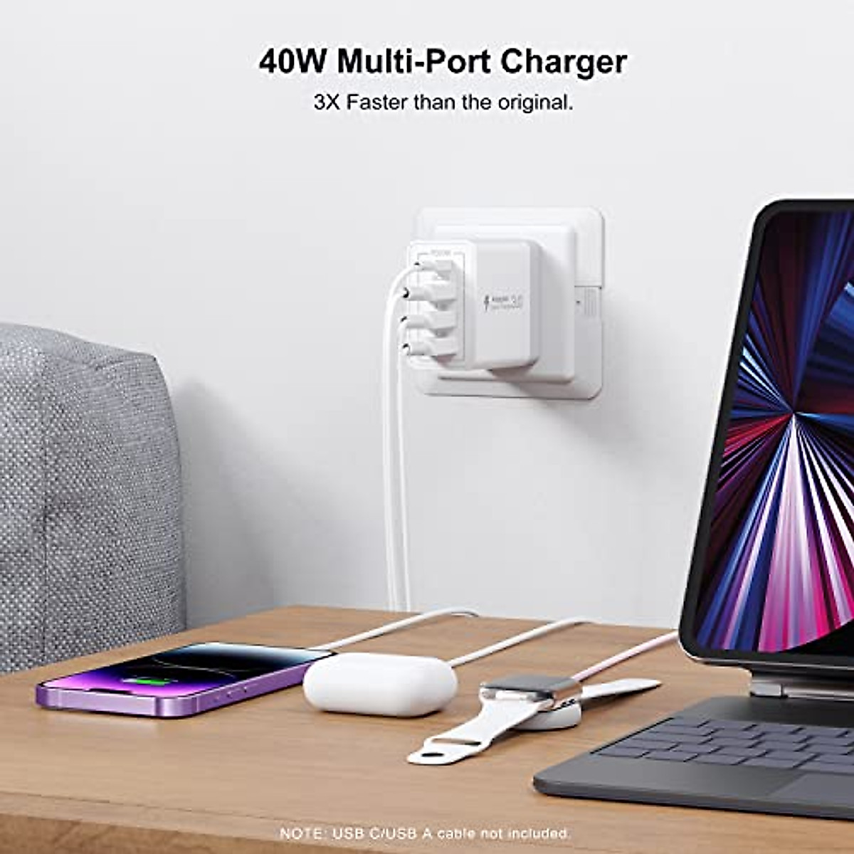 40W USB C Wall Charger Block, 2-Pack 4Port PD+QC Fast Power Adapter, Type C Charging Brick Cube Plug for iPhone 11/12/13/14/Pro Max, XS/XR/X, iPad/AirPods Pro, Samsung, Google, Tablet, Android(White)