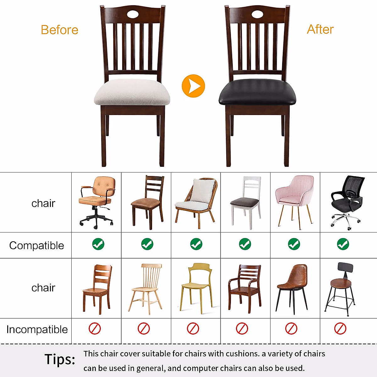 YISUN Chair Seat Covers Set of 6, Pu Leather Waterproof Dining Room Chair Covers, Stretch Chair Cover for Dining Room Chair Protector Slipcover for Kitchen, Hotel (Pu Black, 6)