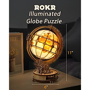 ROKR 3D Wooden Puzzles for Adults-LED Illuminated Wooden Globe Puzzle-Model Building Kits-Room Decor for Teen Girls Boys Women Men
