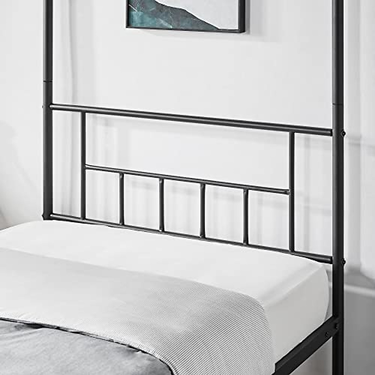 Yaheetech Metal Canopy Platform Bed Frame Four-Poster Canopied Bed Mattress Foundation with Headboard and Footboard Sturdy Slatted Structure No Box Spring Needed Easy Assembly Twin Black