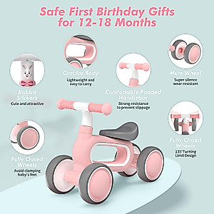 DRAMATION Baby Balance Bike for 1 Year Old Girls Gifts, 10-12 Months No Pedal Toddler Balance Bike with 4 Silence Wheels, 1st Birthday Gift, Ride On Toys for Boys Girls 1 Years Old, Pink