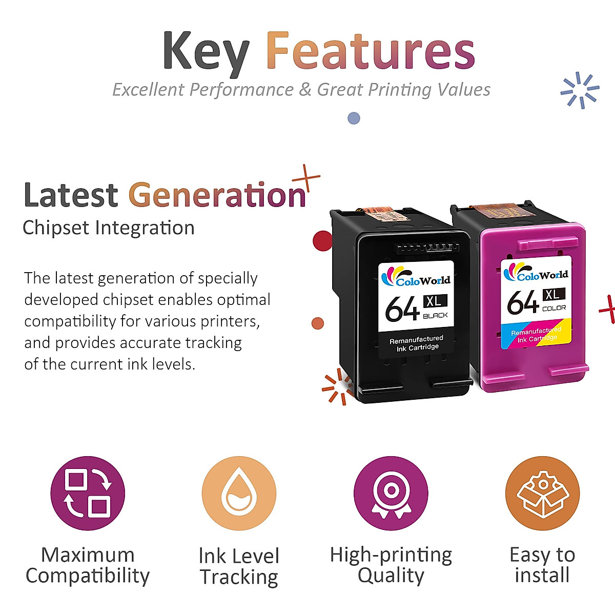 ColoWorld for HP 64XL Ink Cartridge Combo Pack for 64 64XL Ink Cartridge for HP Printers Compatible for HP Envy Photo 7855 7155 7858 7120 6255 7164 6222 7800 Tango, Envy Inspire 7900e 7955e Printer