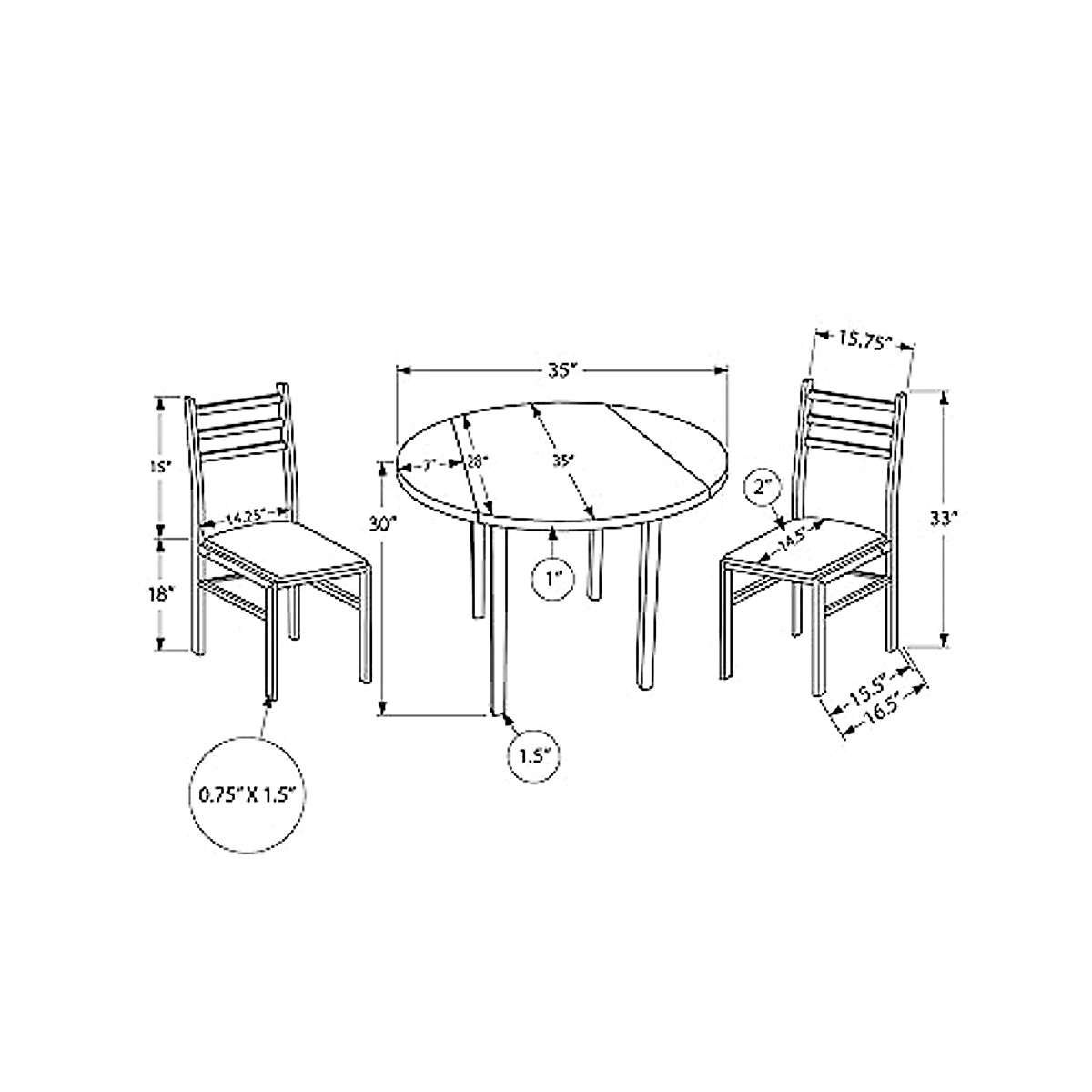 Monarch Specialties I 1011 Dining Table Set, 3pcs Set, Small, 35" Drop Leaf, Kitchen, White Metal and Laminate, Grey Fabric, Contemporary, Modern