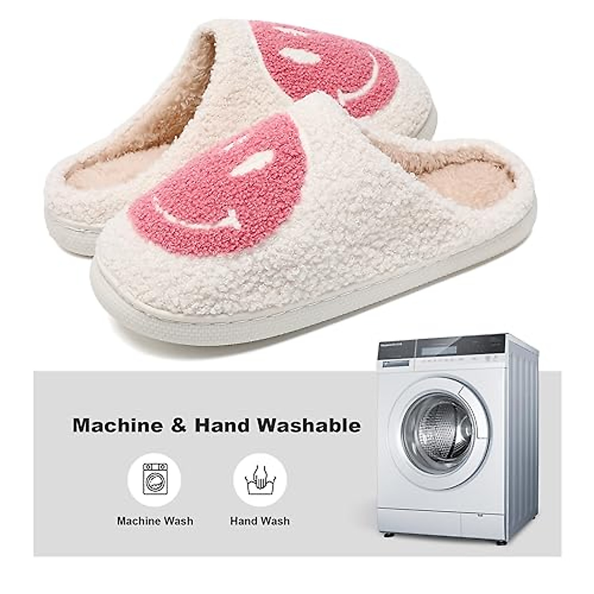 TJJDRYSR Slippers for Women Indoor,Unisex House Shoes with Faux Fur Lining,Smile Face Slippers Memory Foam Mens Slippers Warm Plush Bedroom Shoes(Pink 42/43)