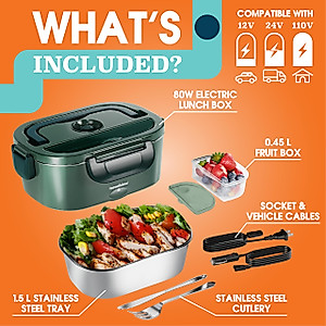 TRAVELISIMO Electric Lunch Box for Adults, 80W Heated Lunch Box 1.5L Stainless Steel Heated Lunchbox For Adults, 12/24/110V Self Heating Lunch Box for Car Truck Work, Lonchera Eléctrica Portátil