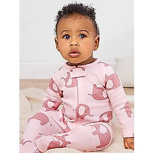 Simple Joys by Carter's Baby Girls' 2-Way Zip Thermal Footed Sleep and Play, Pack of 2, Pink Elephant/White Floral, 6-9 Months