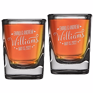 (Set of 2) Personalized Wedding Engraved Square Heavy Base Prism Shot Glass 2 oz. with Gift Box, Custom Names and Date, Gifts for Bride and Groom (Last Name)