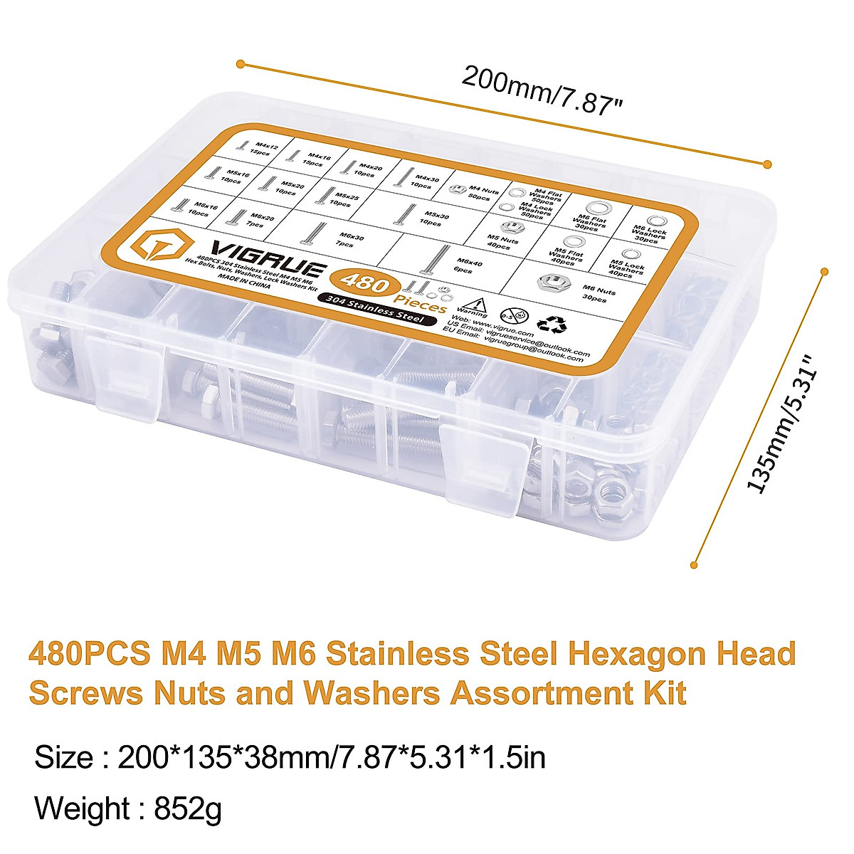 VIGRUE 480PCS M4 M5 M6 Bolts Nuts Assortment Kit, Heavy Duty 304 Stainless Steel, 13 Metric Common Sizes Included
