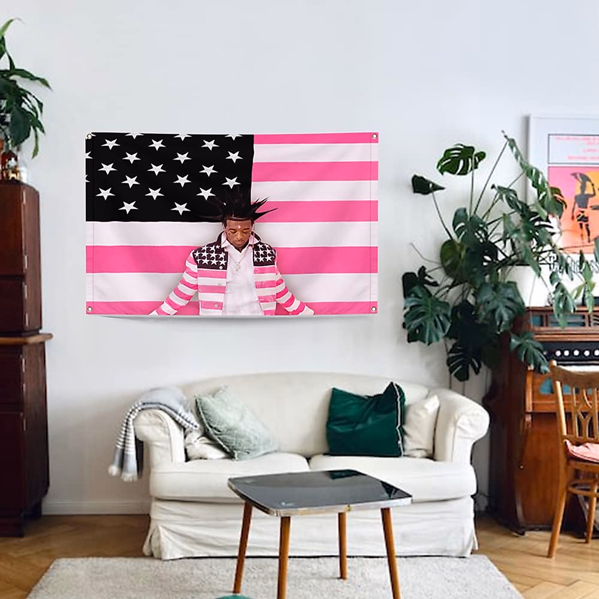 Pink Tape Flag Tapestry Music Album Cover Tapestry Lil Rapper Uzi Pink American Flag Tapestry Wall Hanging Dorm Backdrop Banner Room Flags Home Decor Fans Gift (3x5ft)