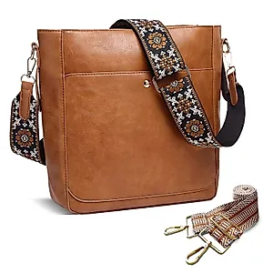 JCWhome Crossbody Bags for Women Trendy Vegan Leather Women's Hobo Handbags Purses Shoulder Bucket Bags with 2PCS Adjustable Guitar Straps