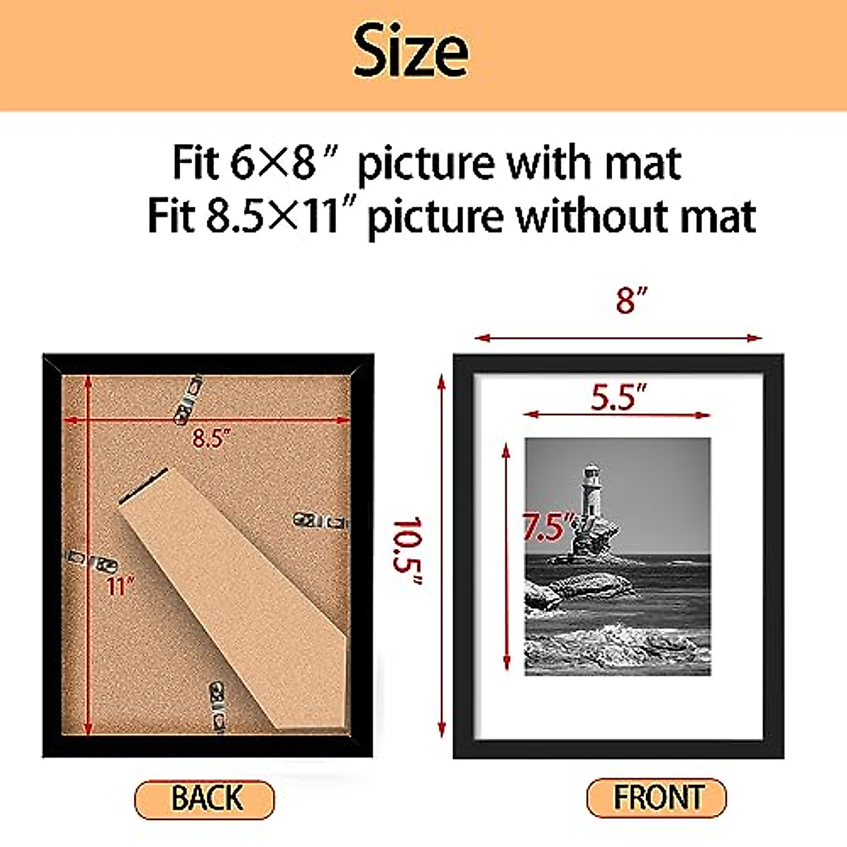 8.5x11 Picture Frame Set of 5, Display Pictures 6x8 with Mat or 8.5x11 Without Mat, Wall Gallery Photo Frames or Tabletop Display