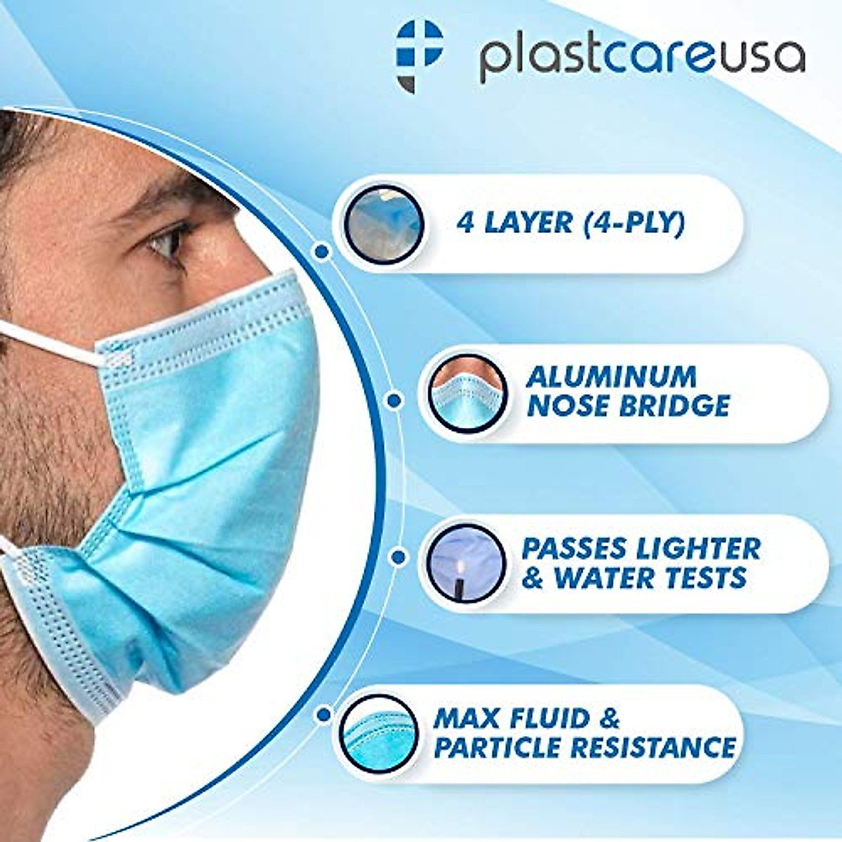 PlastCare USA Box of 50 4-Ply ASTM Level 3 Face Masks, Disposable (Blue)