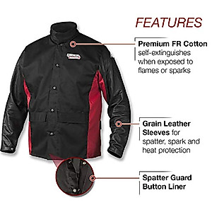 Lincoln Electric Grain Leather Sleeved Welding Jacket | Premium Flame Resistant Cotton Body | Black & Red | Large | K2987-L