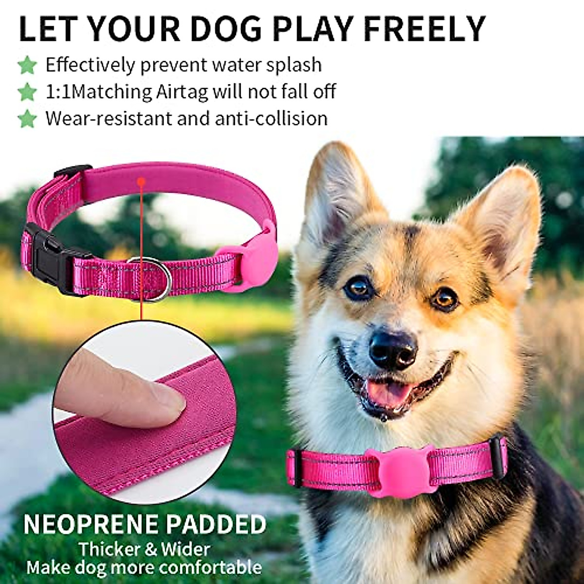 AirTag Dog Collar for Small Medium Large Dogs, Animire Soft Neoprene Padded Pet Cat Collar, Nylon Puppy Collar with Silicone Air Tag Case Holder Accessories, 9''-16'' Neck