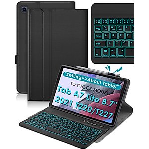 DETUOSI Backlit Keyboard Case for Samsung Galaxy Tab A7 Lite 8.7" 2021 (SM-T220/T227U) with S Pen Holder, 3 Viewing Angles Folio Leather Book Cover with Magnetic Closure + Wireless Keyboard Detachable