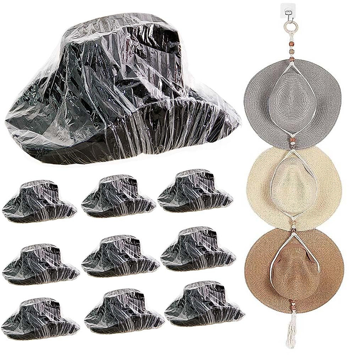 Lanxitown10Pcs Cowboy Hat Cover and One Cowboy Hat Rack Hat Protector Boho Bedroom Decor Hat Hangers For Wall Cowboy Hat Holder Hat Rack For Wall Hat Holder On Wall Cowboy Hat Case (A)