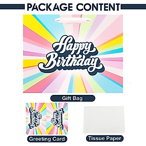 13" Large Happy Birthday Gift Bag with Handles, Tissue Paper and Card (Colorful Rainbow)