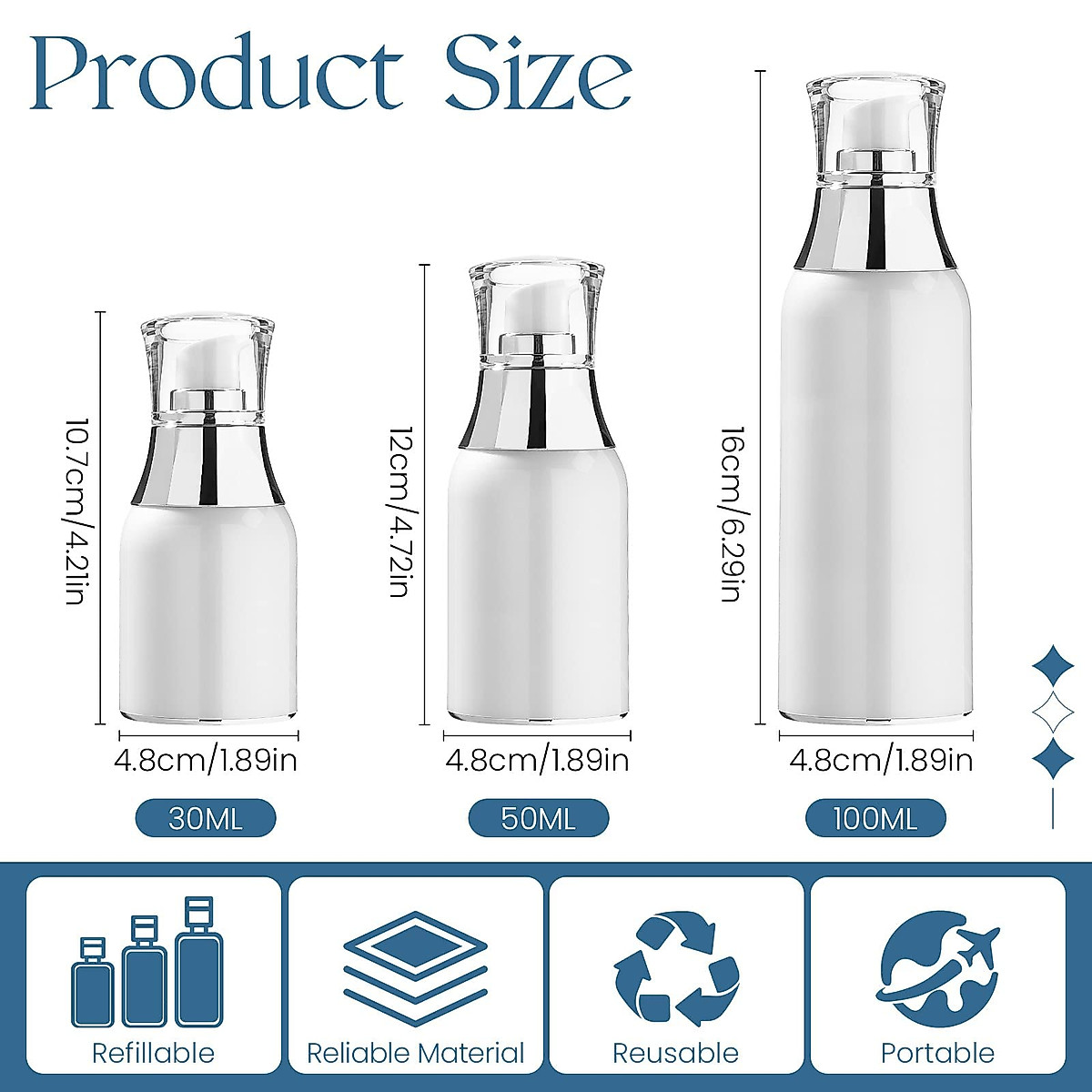 EOPER Airless Pump Jars 30/50/100ML, 3 Pieces Empty Refillable Cosmetic Air Pump Jars Bottles Airless Lotion Cream Sample Containers Makeup Vials Accessories Leak-Proof DIY Travel, Pearly White