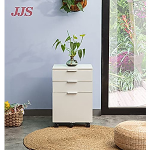 JJS 3 Drawer Rolling Wood File Cabinet with Locking Wheels, Home Office Portable Vertical Mobile Wooden Storage Filing Cabinet for Letter Size, White