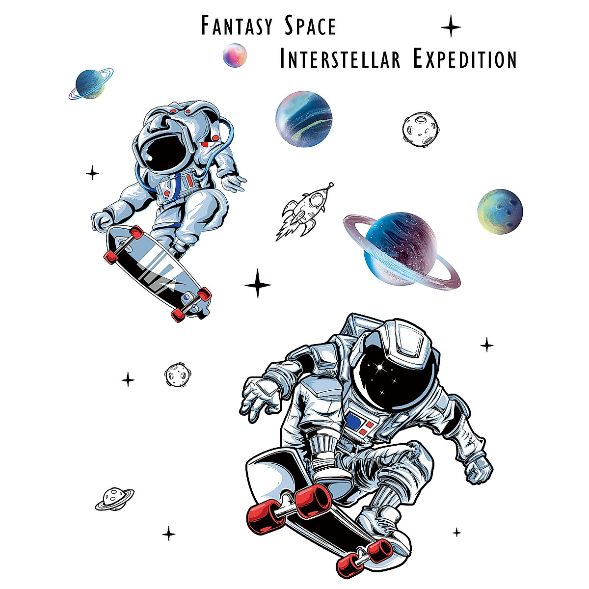 VJSTALS DIY Cartoon Astronaut Wall Sticker Fantasy Interstellar Expedition Skateboard Outer Spaceman Wall Decals for Boys Girls Kids Room Playroom Decoration, 11.8 inches x35.4 inches