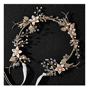 SWEETV Gold Wedding Headband Flower-Leaf Bridal Headpieces for Wedding Hair Accessories for Brides Crystal Pearl Hair Vine