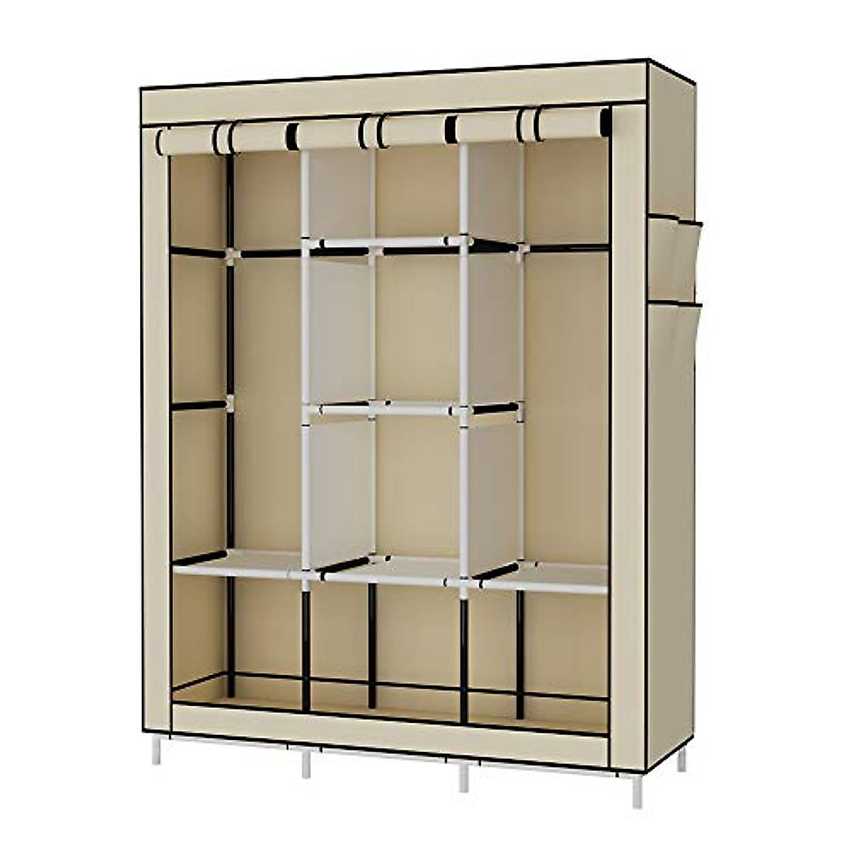 UDEAR Portable Wardrobe Closet Clothes Organizer No-Woven Fabric Cover with 6 Storage Shelves, 2 Hanging Sections and 4 Side Pockets，Beige