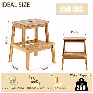 QKFF Step Stool for Adults and Kids, Acacia Wood 2-Step Stool with Anti-Slip Wider for Bedside, Kitchen Step Helper, Bathroom Bedroom Nightstand