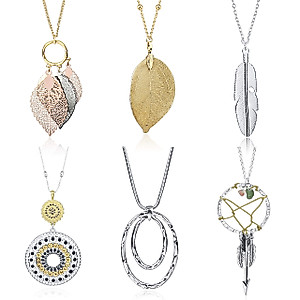 ORAZIO 6 Pcs Long Pendant Necklaces For Women Fashion Jewelry Simple Long Feather Leaf Heart Turquoise Costume Y Necklace Womens Statement Long Necklace Set Boho