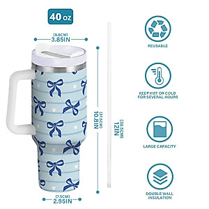 Bseiialft 40 oz Tumbler with Handle Blue Bow Heart Stripe Water Bottle with Lid and Straw Vacuum Insulated Cup Stainless Steel Travel Coffee Mug for Home Office Car
