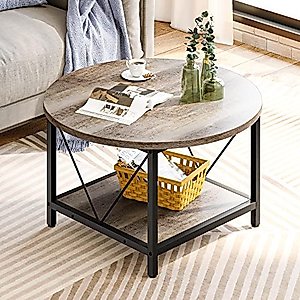 YITAHOME Round Coffee Table,Rustic Wood Coffee Tables for Living Room with Storage Shelf, Modern Farmhouse Circle Coffee Table Center Sofa Table with Sturdy Metal Legs Home Furniture, Grey Wash