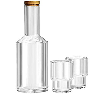ALINK Glass Bedside Water Carafe with Lid and Glass Cups Set, Ribbed Carafe Glassware Drinking Glasses for Nightstand, 27oz Vintage Fluted Glassware Water Pitcher - Clear