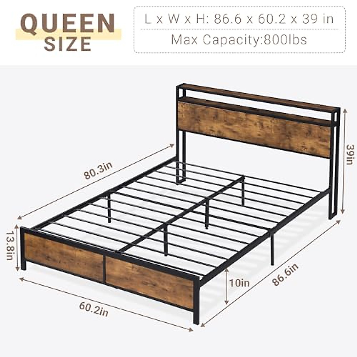 Zevemomo Queen Size Bed Frame with Storage Headboard, Metal Platform Bed Frame with RGB LED Lights & USB Ports, Heavy Duty Metal Slats Support No Box Spring Needed
