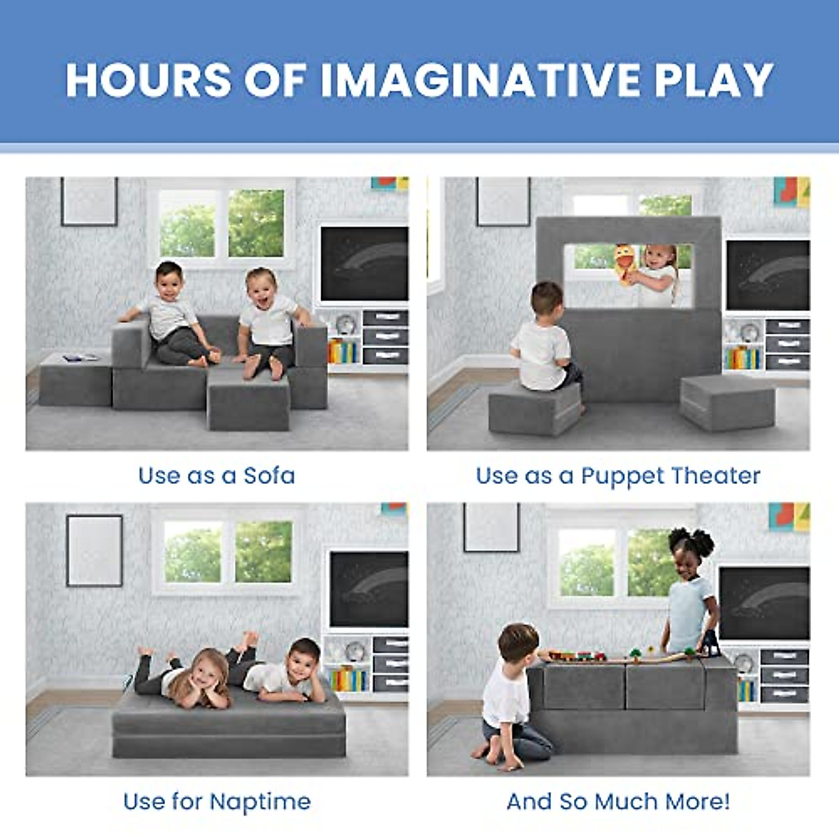 Delta Children Convertible Sofa and Play Set for Kids and Toddlers Modular Foam Couch and Flip Out Lounger with 2 Ottomans, Grey