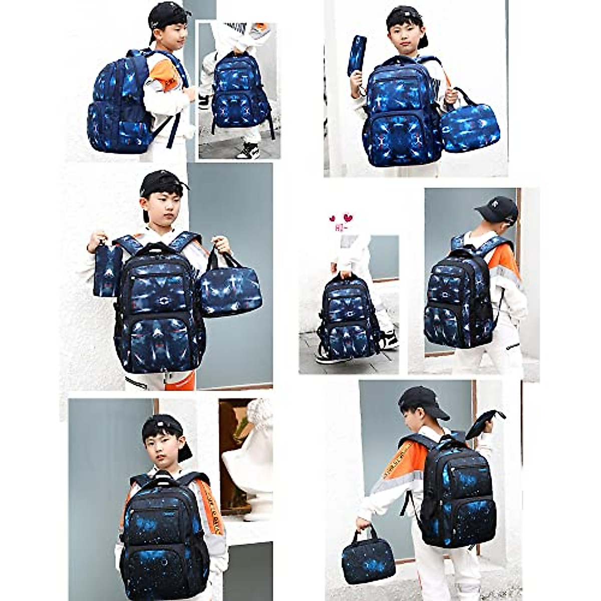 MITOWERMI Boys Backpacks Primary Junior High School Bag Kids Bookbag 3 in 1 Casual Daypack Set Fashion Space Galaxy Printed Durable Knapsack with Lunch Bag