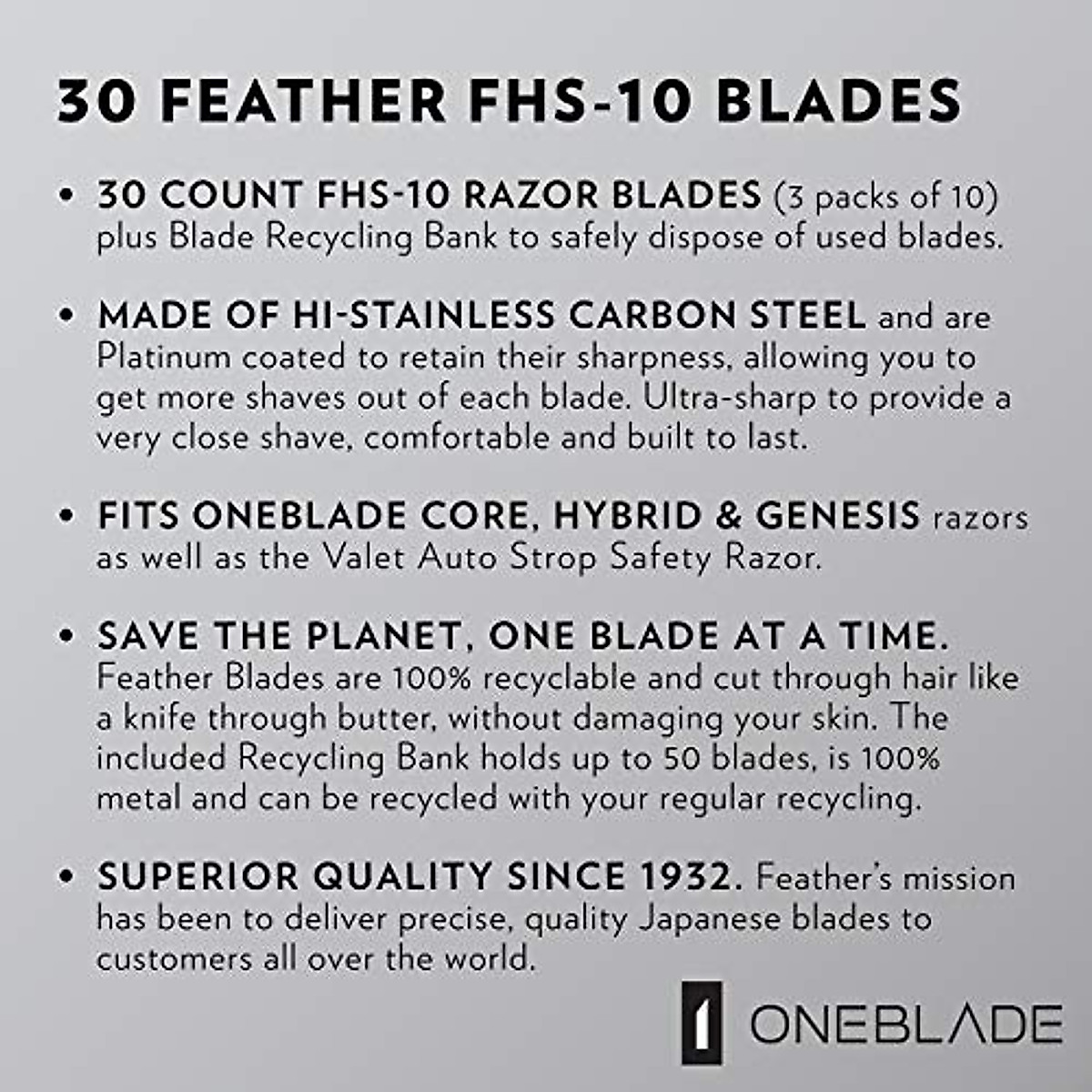 30 Feather FHS-10 Japanese Steel Razor Blades - Refill for OneBlade Core, Hybrid, & Genesis Razors - Single Blade Razor