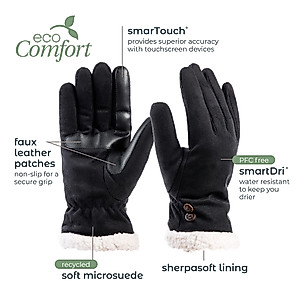 isotoner Women's Recycled Microsuede Water Repellent Cold Weather With Sherpasoft Lining, Touch Screen Capable Gloves, Black, Small/Medium