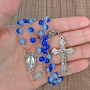 Rnivida Catholic Blue Beads Rosary for Women, Miraculous Medal 6MM Glass Beads Rosary Necklace with Virgin Mary Metal