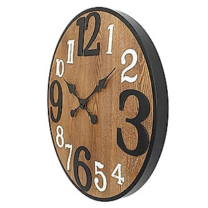 RiteSune 24 Inch Wood Wall Clock, Modern Large Numerals Battery Operated Quartz Movement, Black Metal Frame Decor Clock for Living Room Office Kitchen Bedroom, Entryway, Home, Office